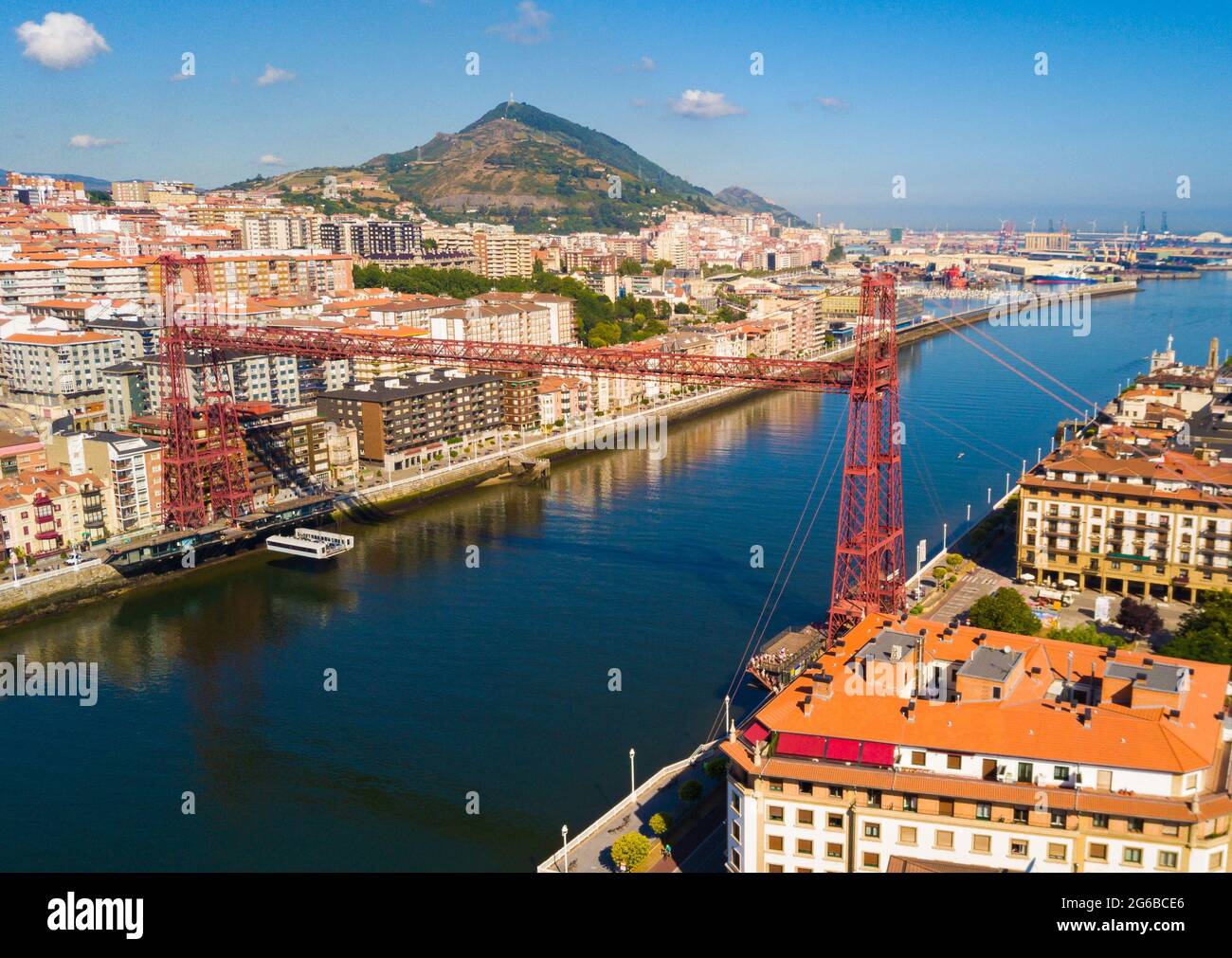 Aerial view of modern Vizcaya bridge crossing river at Portugalete ...