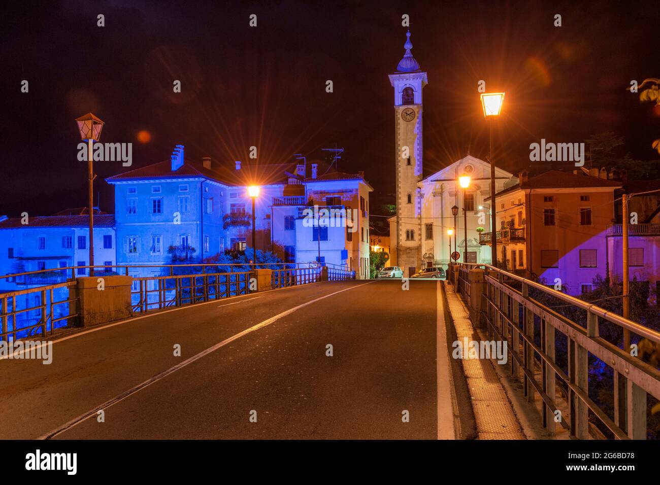 Bridge over Soca river in Kanal town with night illumination. A Popular ...