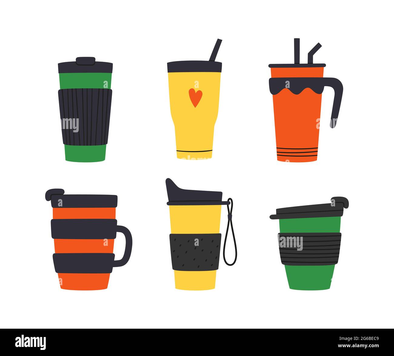 Set of tumblers with cap, handle and straw. Reusable cups and thermo ...