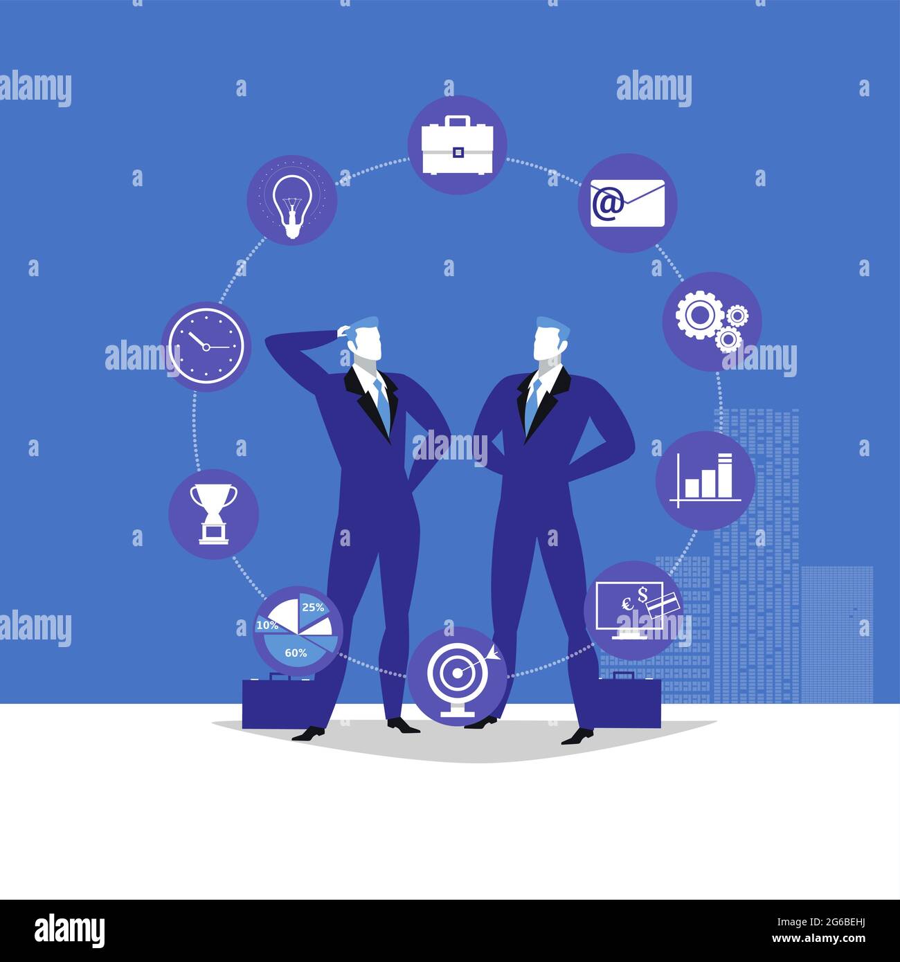 Vector illustration of two businessmen and business icons Stock Vector ...