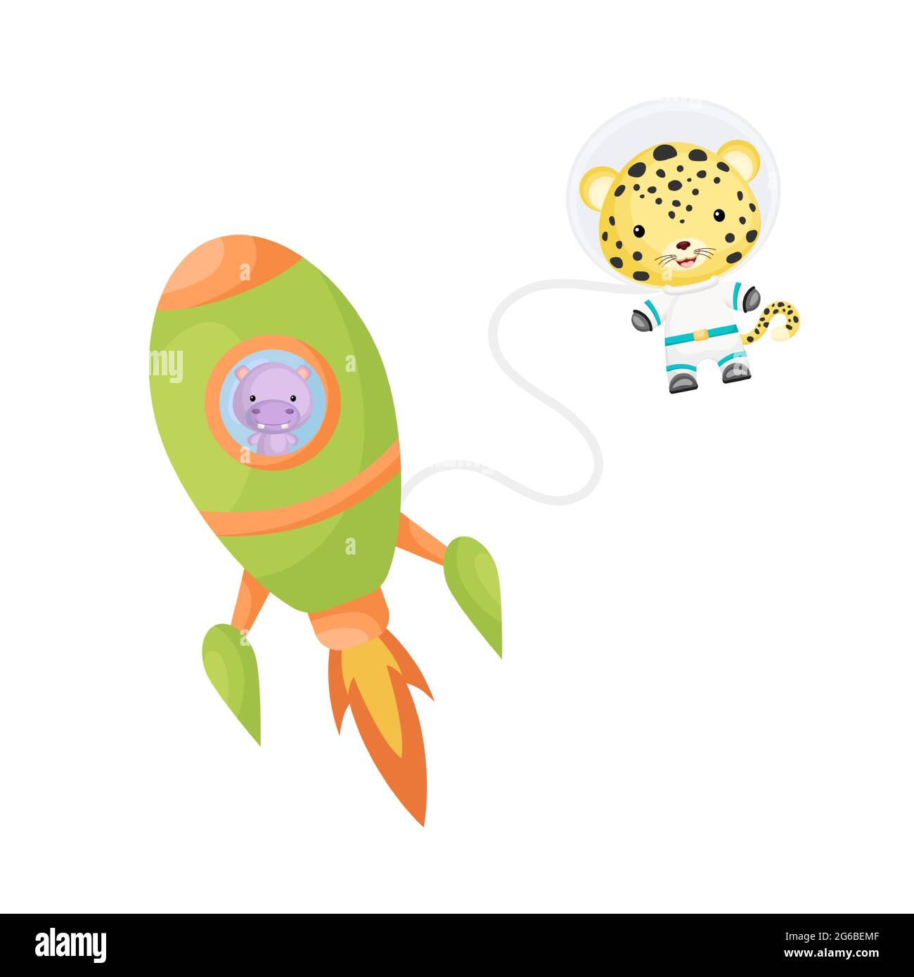 Cute little hippo flying in green rocket. Cartoon jaguar character in ...