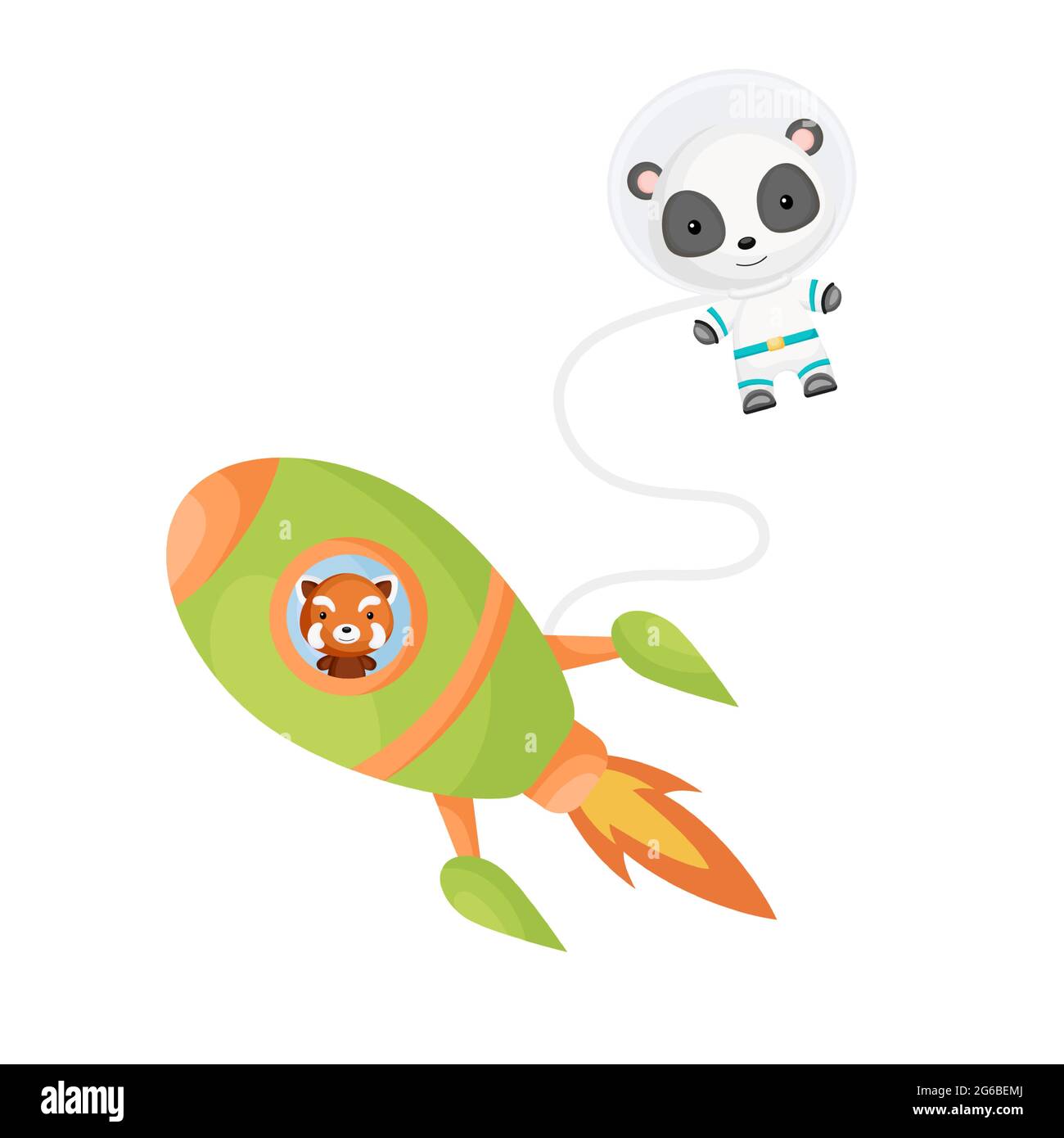 Cute little red panda flying in green rocket. Cartoon panda character ...