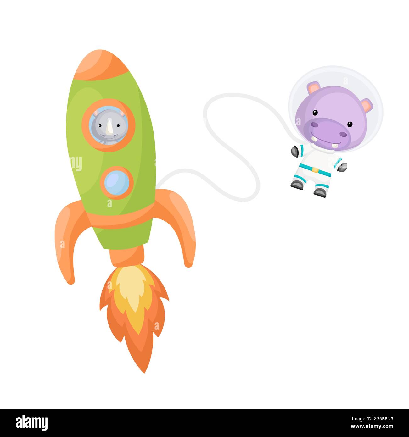 Cute little rhino flying in green rocket. Cartoon hippo character in ...