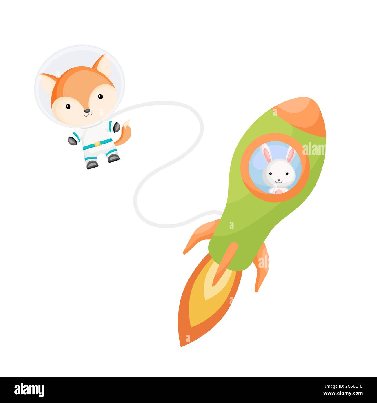 Cute little hare flying in green rocket. Cartoon fox character in space ...