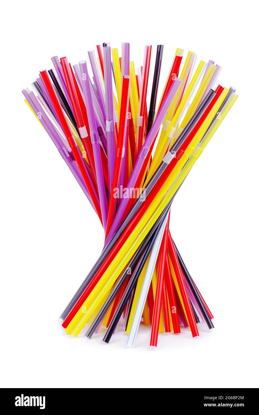 Colorful plastic cocktail straws, many plastic drinking pipes, plastic ...