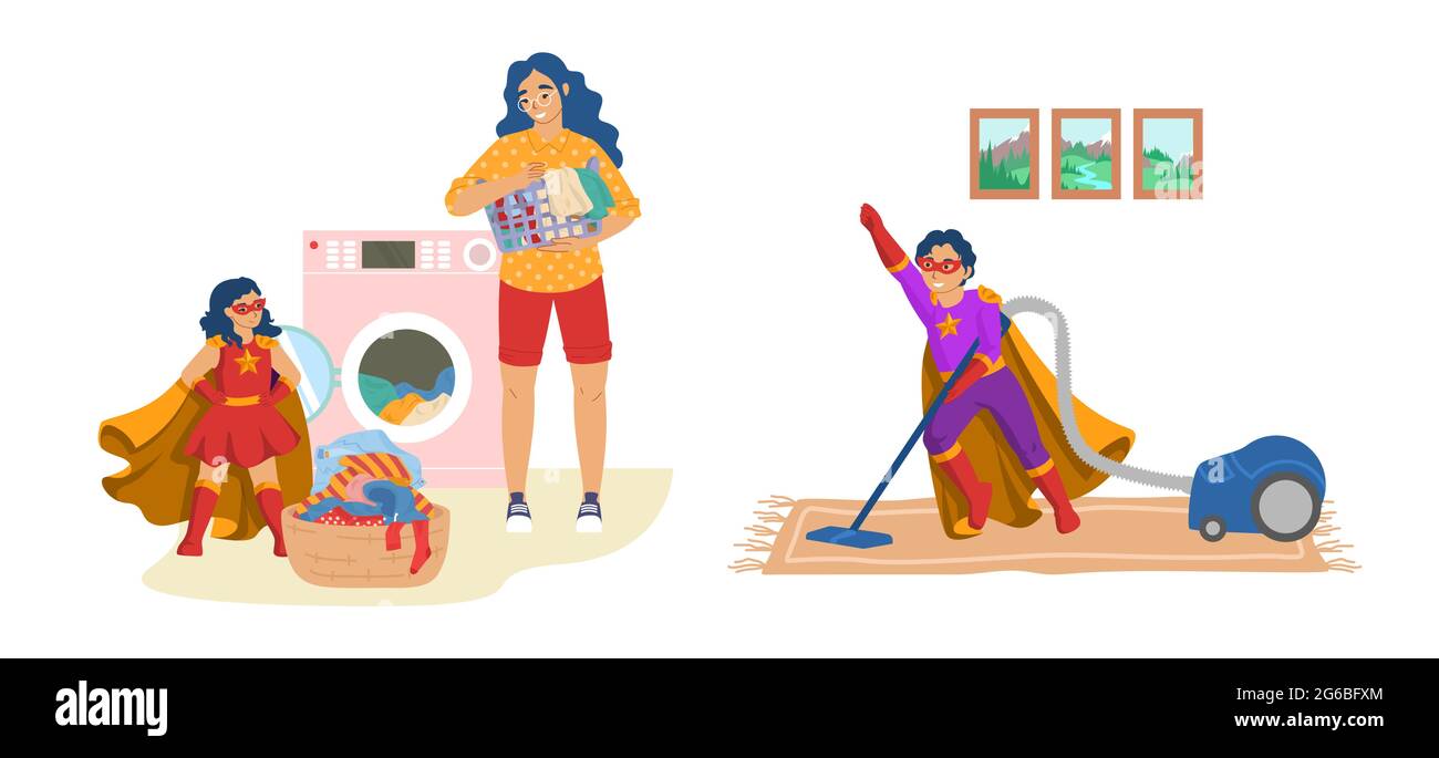 Happy kids helpers in superhero costumes helping mother with laundry ...