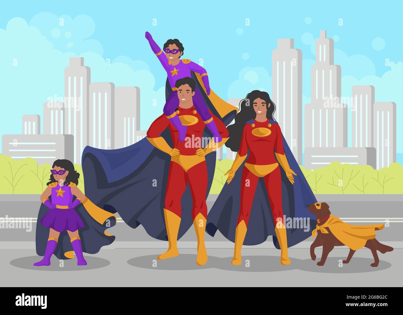 Superhero family, flat vector illustration. Happy smiling mom, dad ...