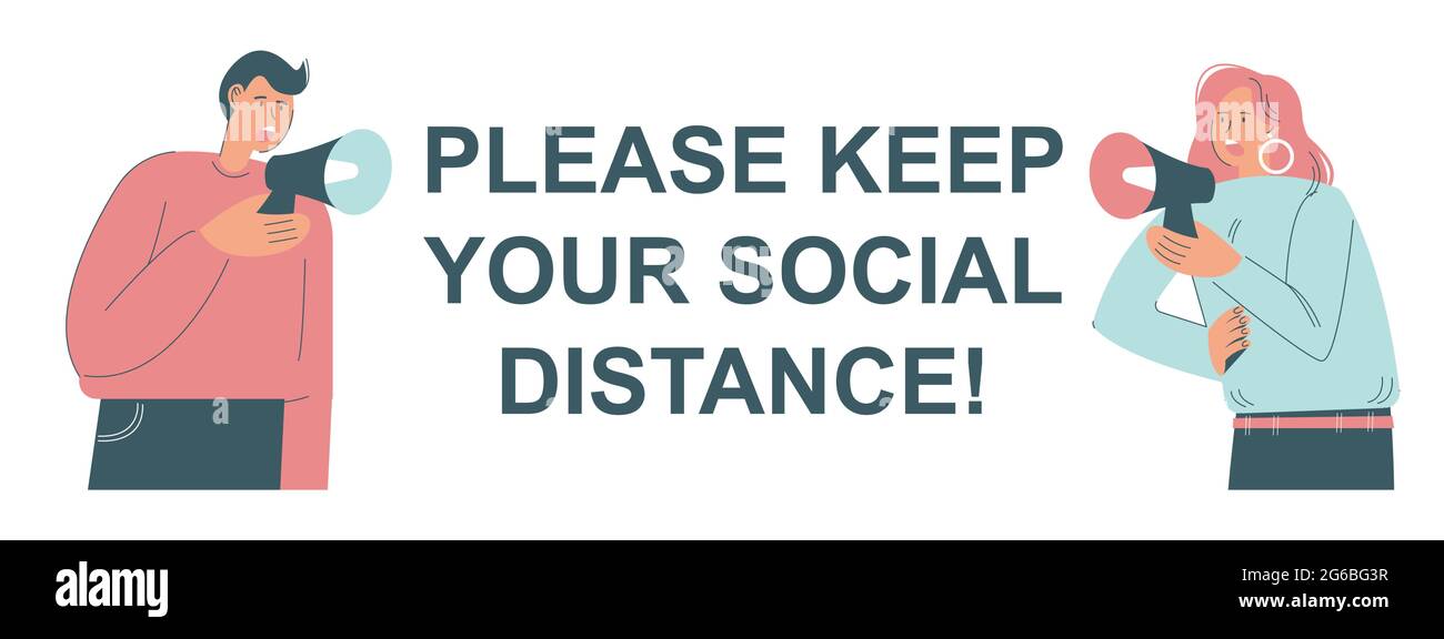 Keep social distance vector poster template. People with megaphones ...
