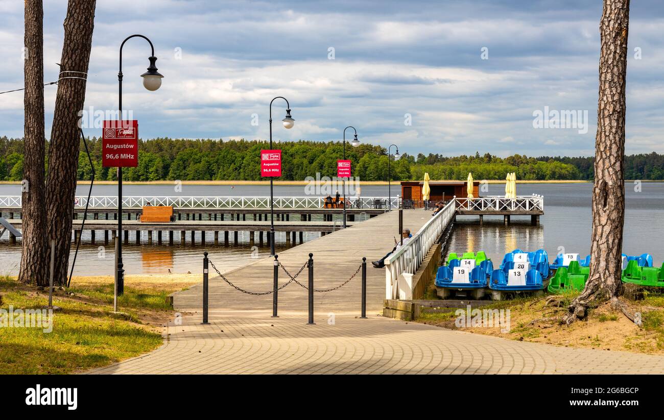 Augustow, Poland - June 1, 2021: Jetty pier and public beach at Necko ...