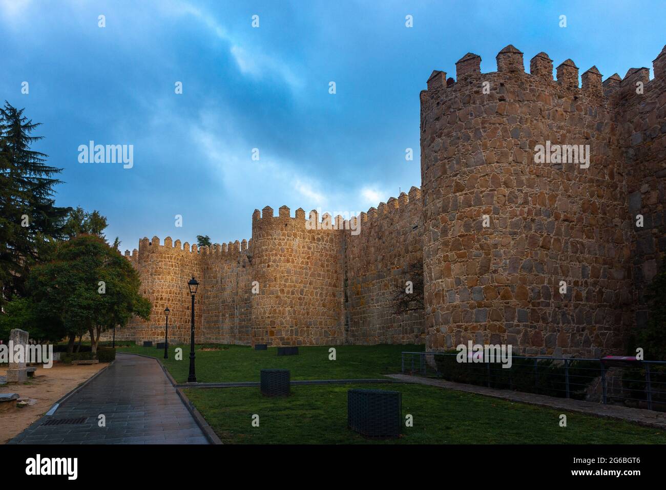 Medieval city wall built in the Romanesque style, Avila in Spain Stock ...