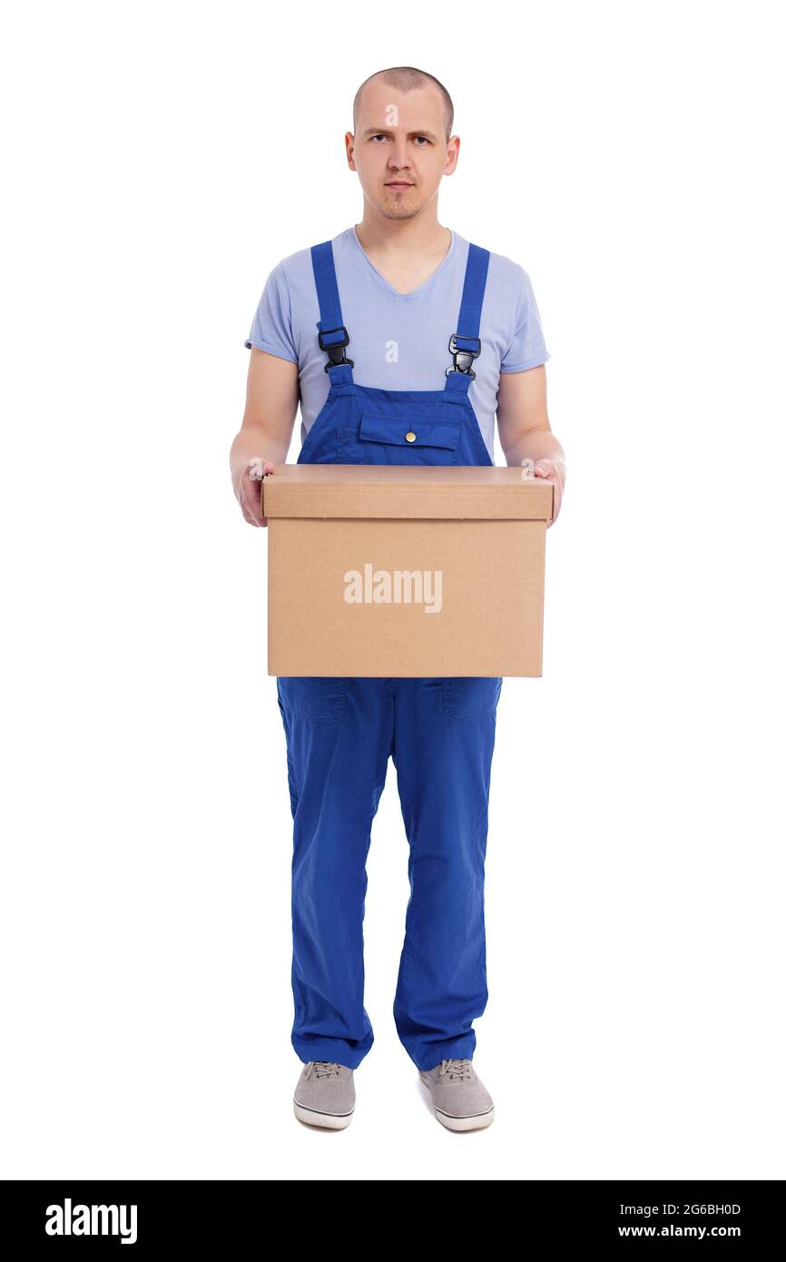 full length portrait of young handsome man loader in uniform with big ...