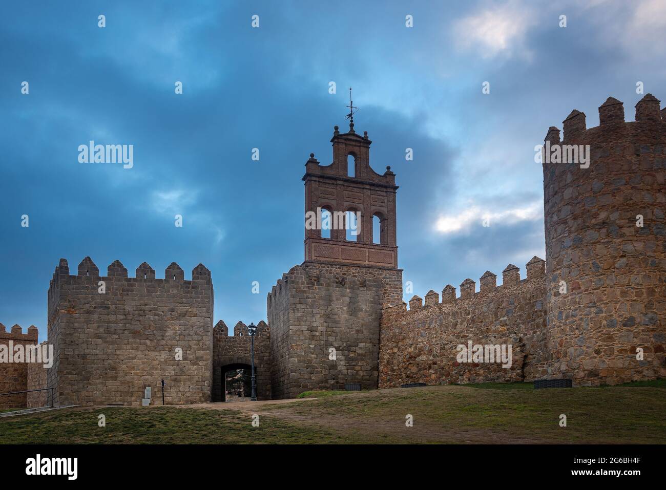 Medieval city wall built in the Romanesque style, Avila in Spain Stock ...