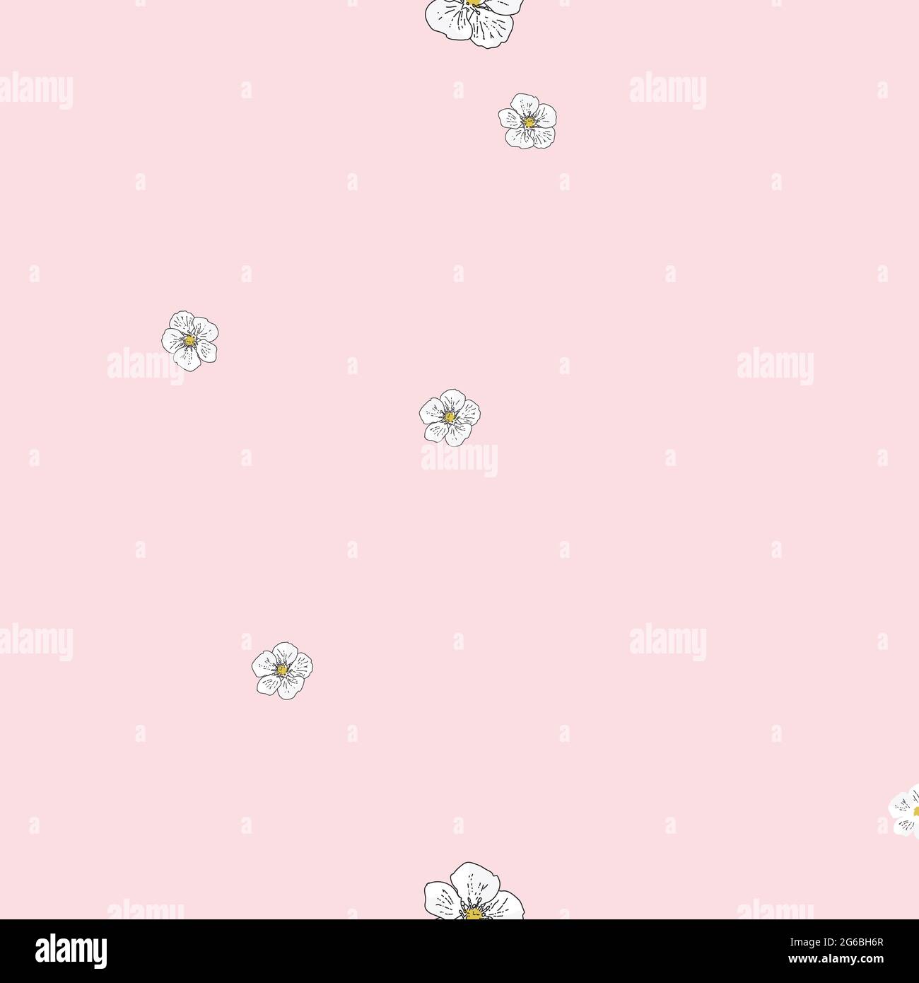 Vector pastel pink background garden strawberries, berry flowers ...