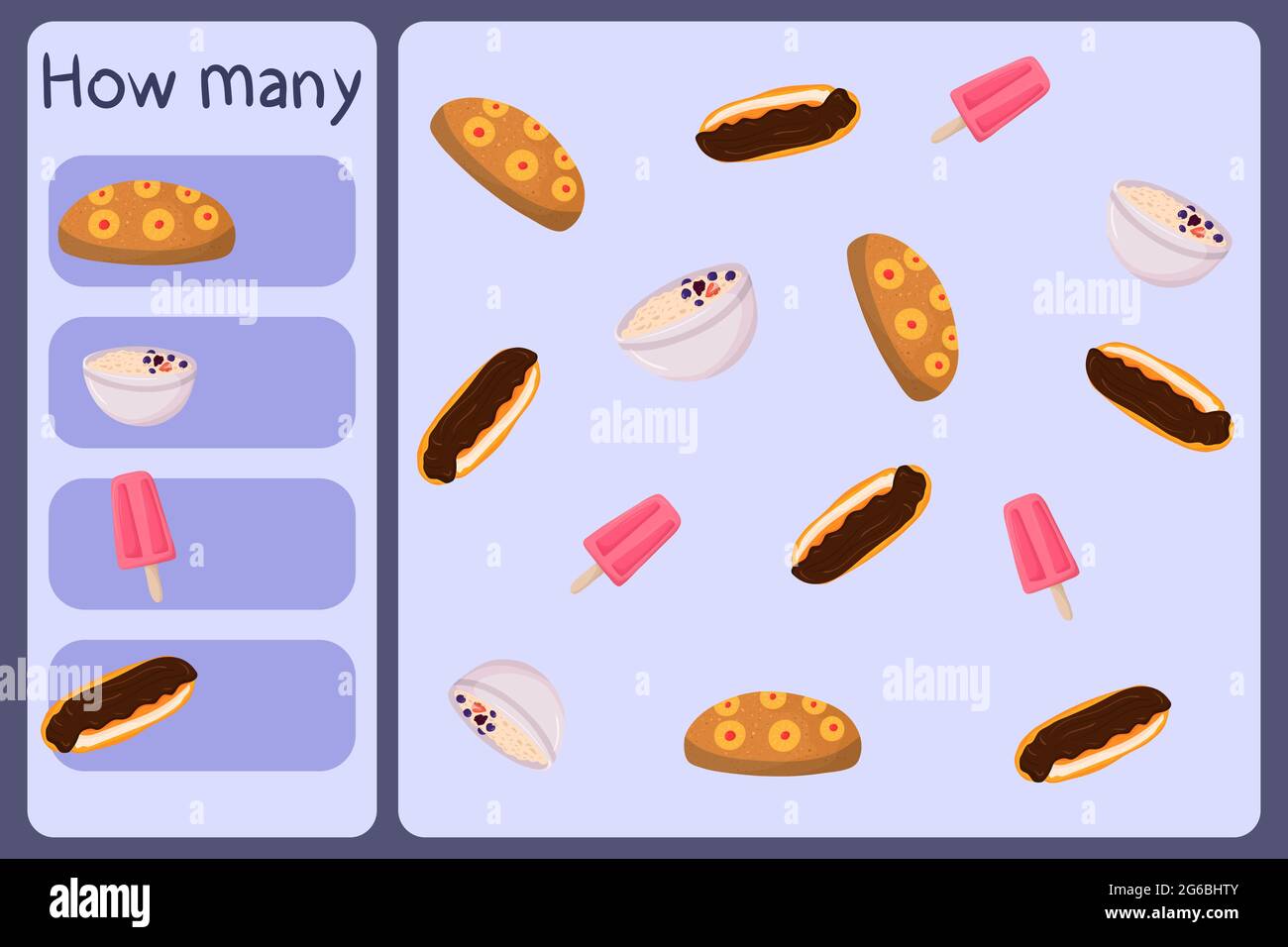 Kids mathematical mini game - count how many foods - cake, oatmeal, ice ...