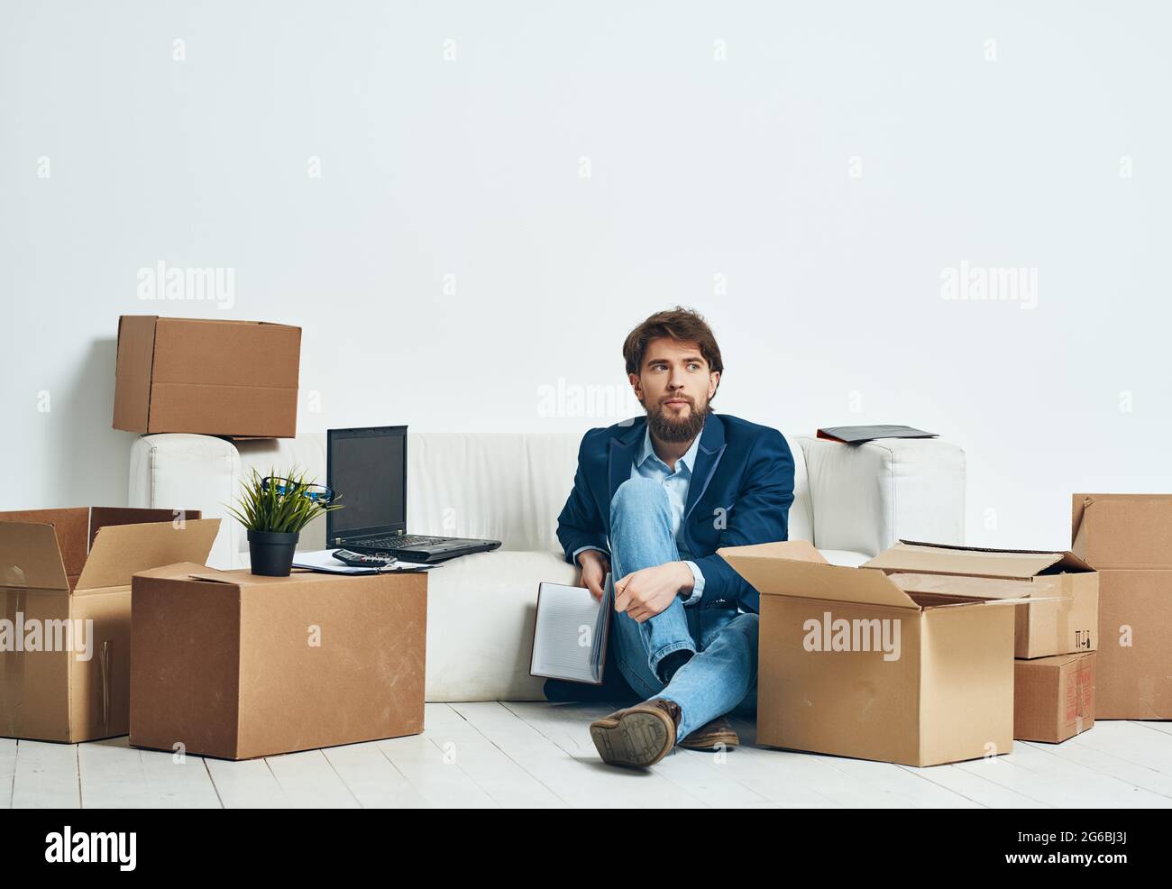 manager with boxes things packing moving new place of work Stock Photo ...