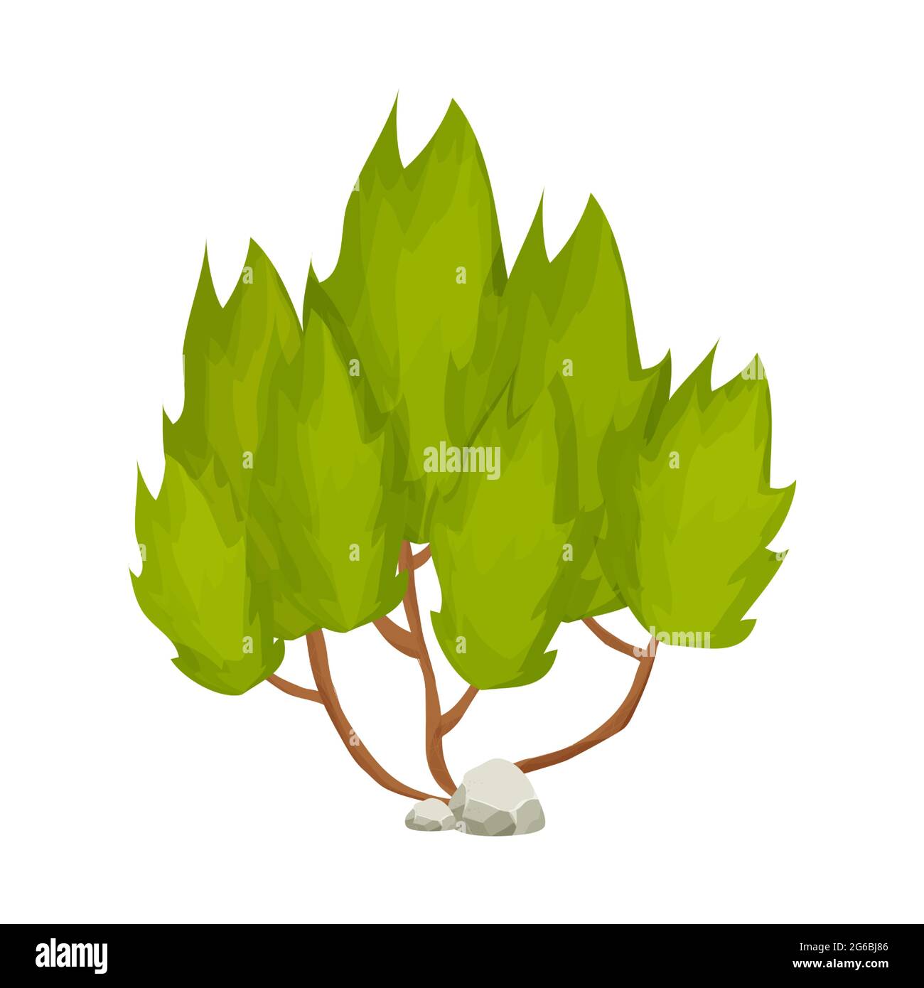 Forest green bush, curved trunk and foliage, stone pile in cartoon ...