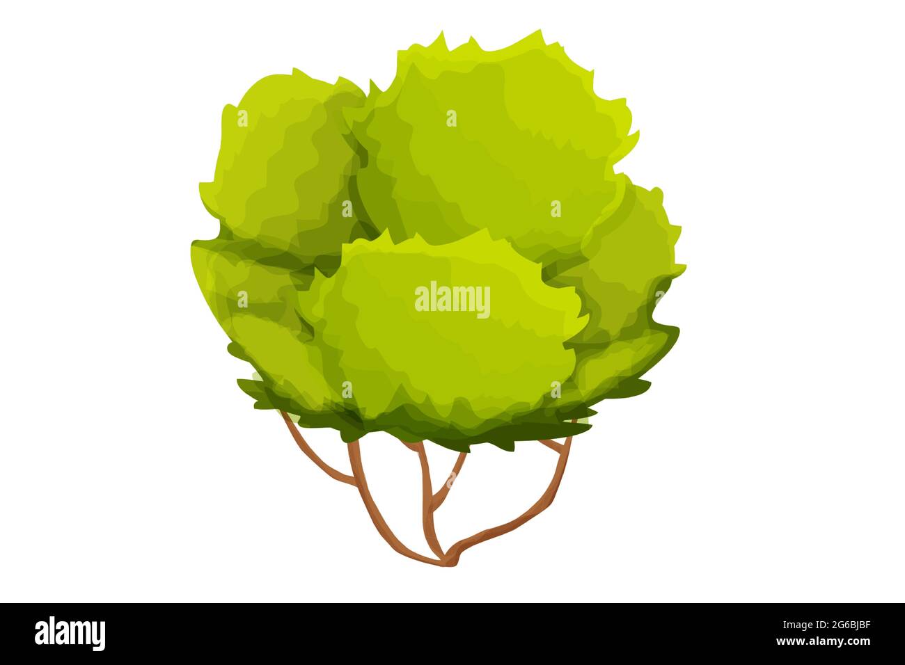 Forest green bush, curved trunk and foliage in cartoon style isolated ...