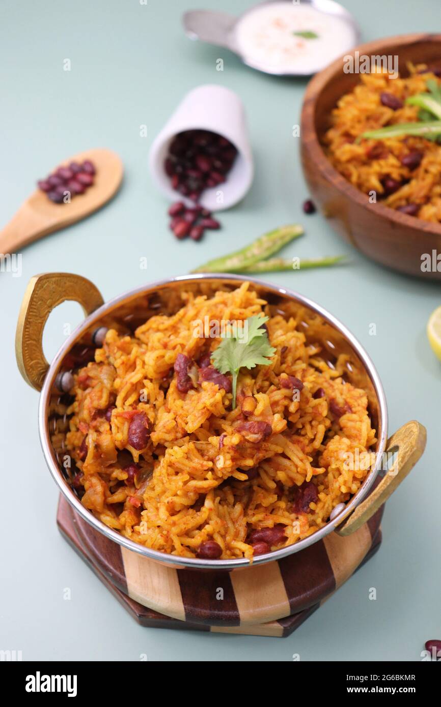 Indian cuisine - Kidney Beans Biryani, Rajma Pulao. Garnished with ...