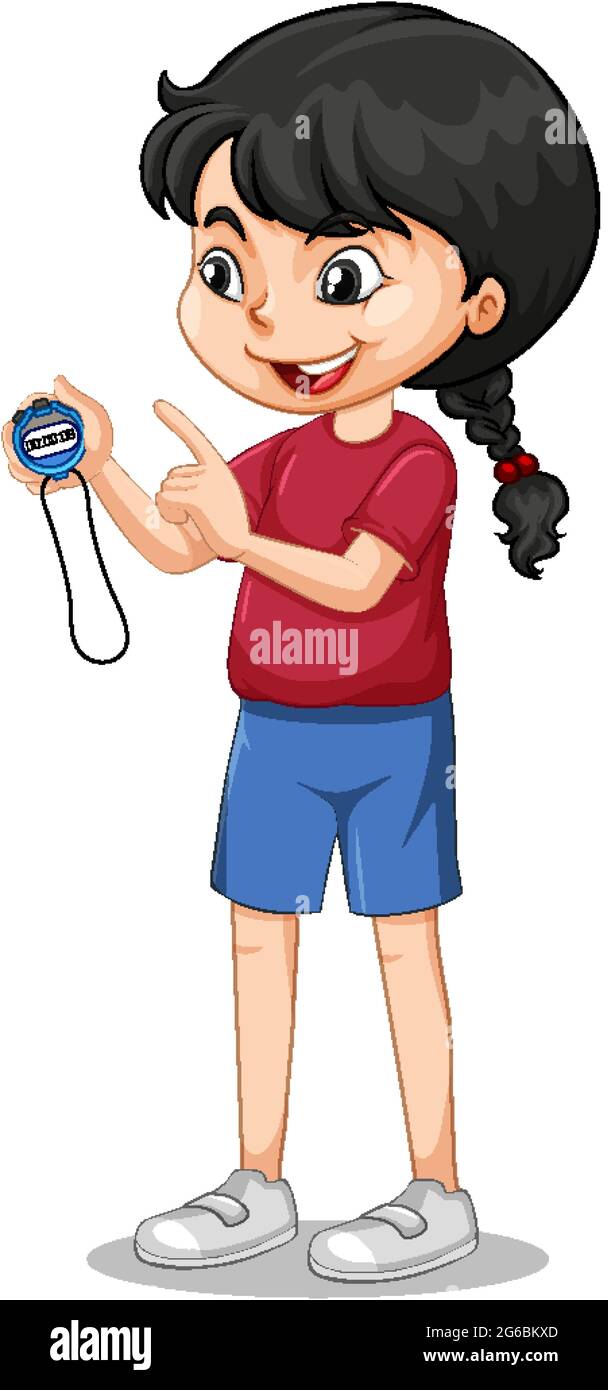 Happy girl standing and holding a timer illustration Stock Vector Image ...