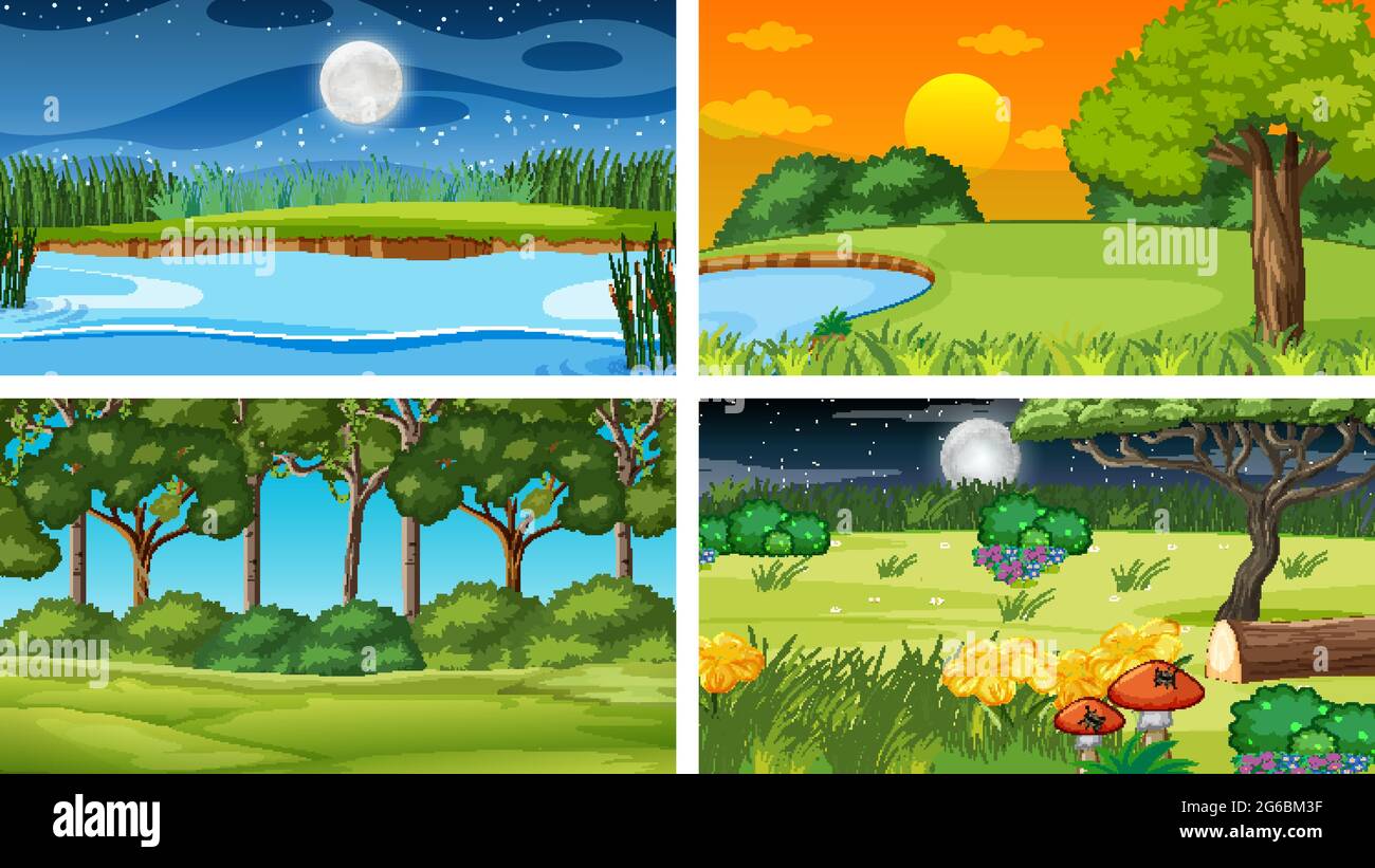 Four different scene of nature park and forest illustration Stock ...