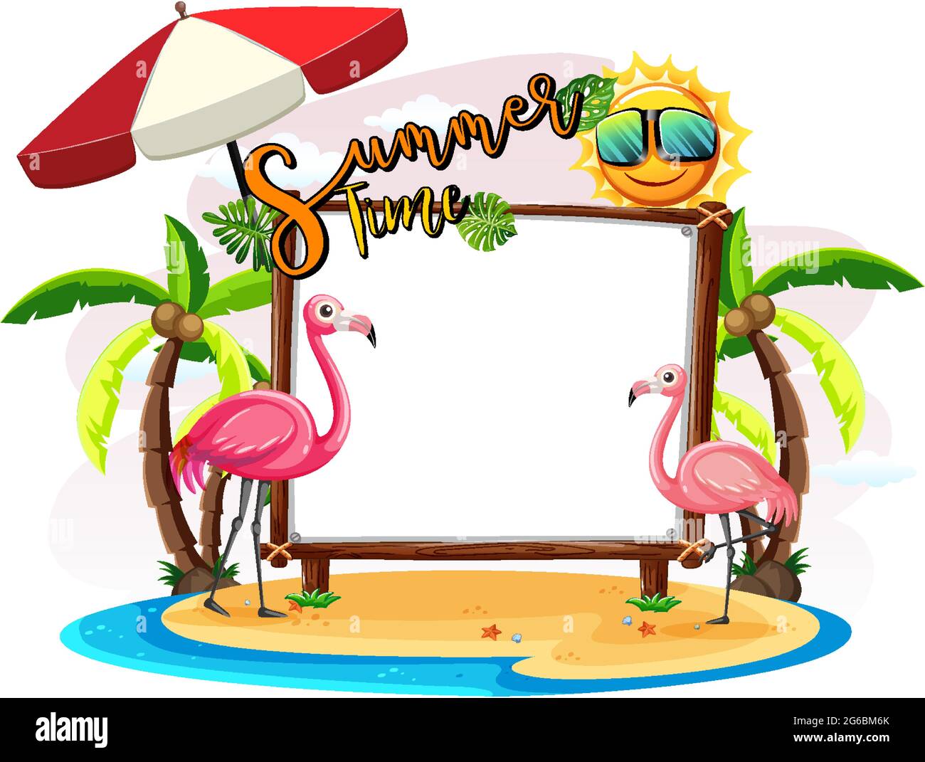 Empty banner board with flamingo on the beach isolated illustration ...