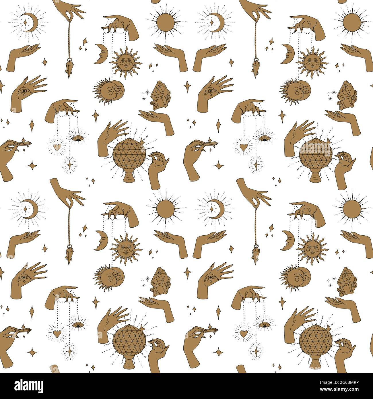 Seamless pattern with hand drawn doodle line art female witch hands ...