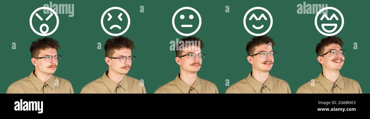 Evolution of emotions. Caucasian man's portrait isolated over green ...