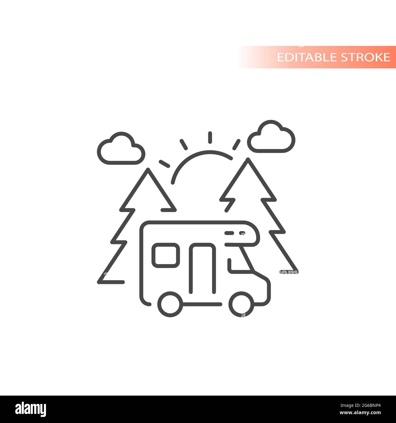 Camper van with trees and sun line vector icon. Camping outline ...