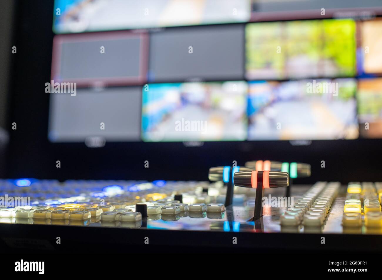 Selective focus shot of TV broadcast switcher and multiview Stock Photo ...