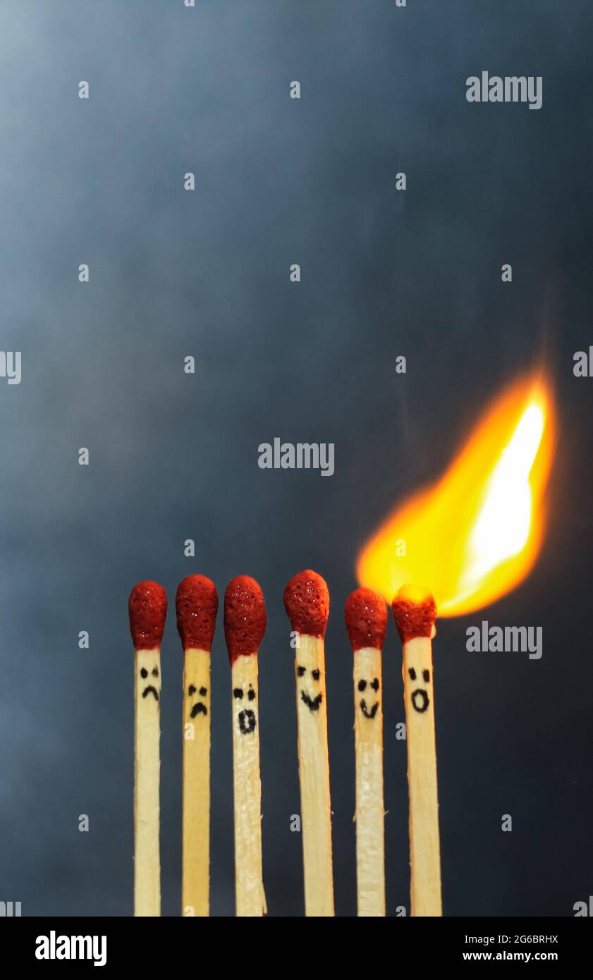 Group of a red match burning isolated with the background. Row burning ...