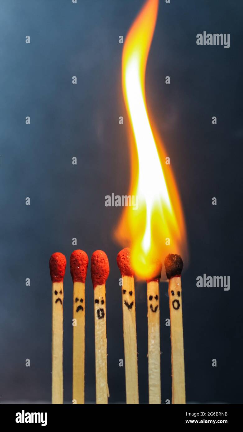 Group of a red match burning isolated with the background. Row burning ...