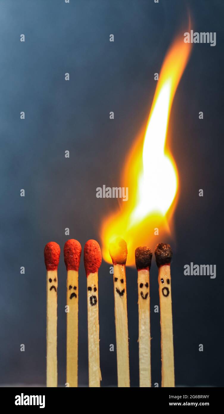 Group of a red match burning isolated with the background. Row burning ...