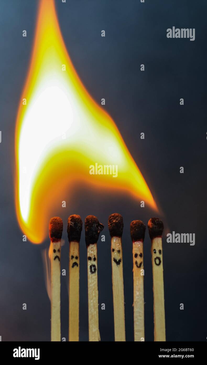 Group of a red match burning isolated with the background. Row burning ...