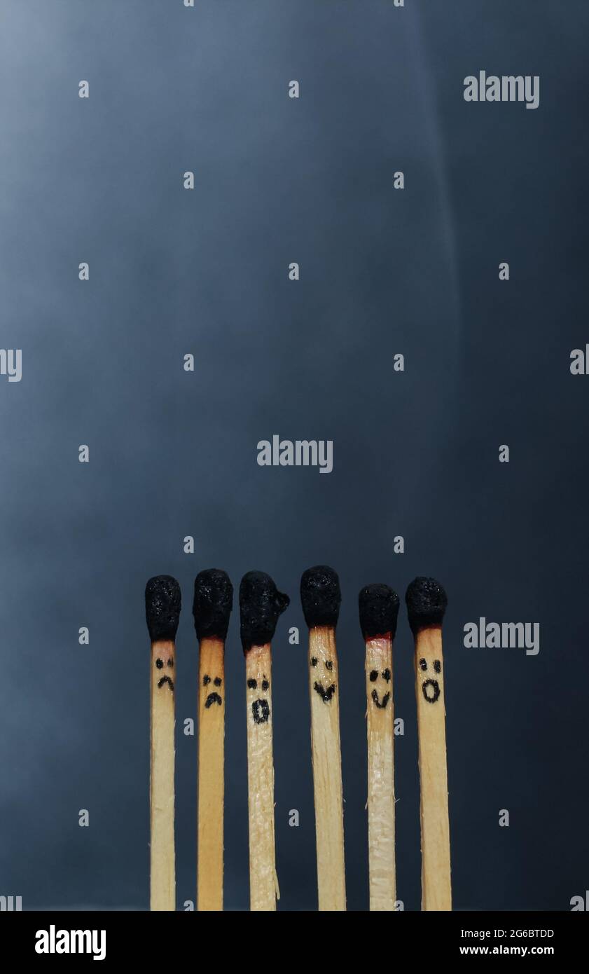 Group of a red match burning isolated with the background. Row burning ...