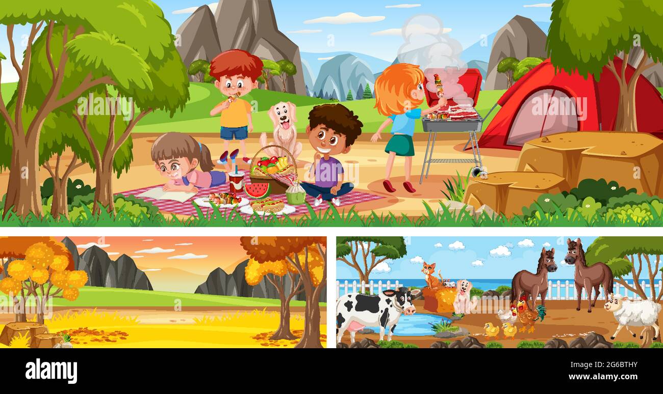 Set of outdoor panoramic landscape with cartoon character illustration ...