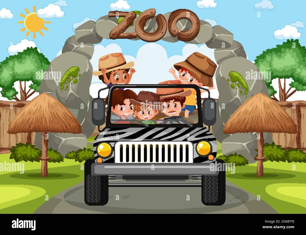 Children on tourist car explore in the zoo scene illustration Stock ...