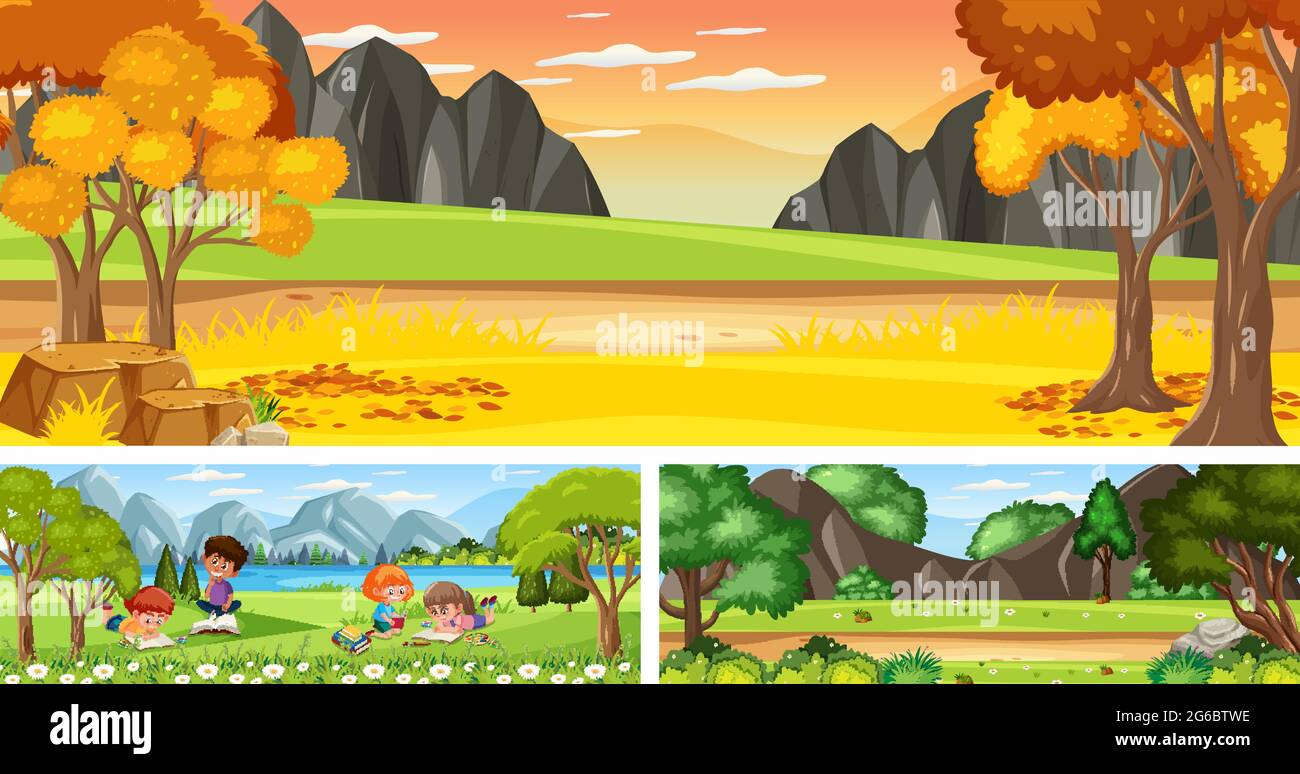 Set of different outdoor landscape scenes with cartoon character ...