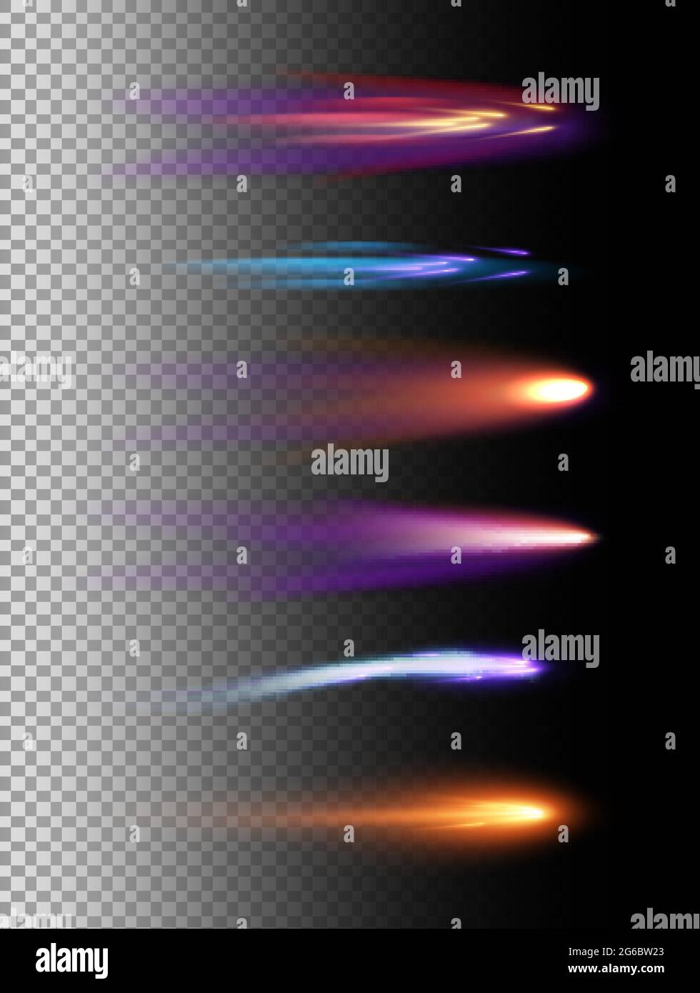 Vector illustration set of light effects,space meteor and comet in different colors and shapes ...