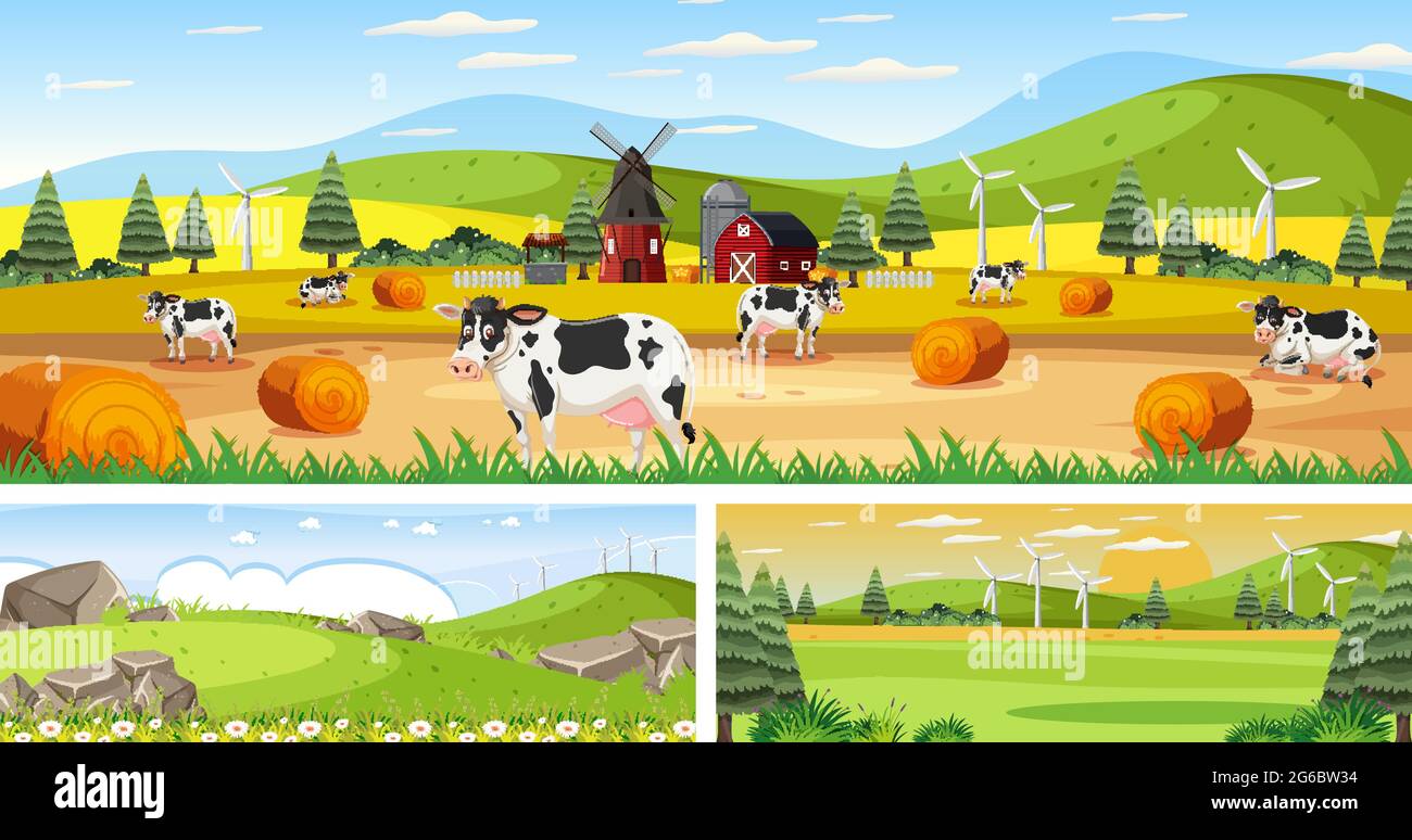 Set of outdoor panoramic landscape with cartoon character illustration ...