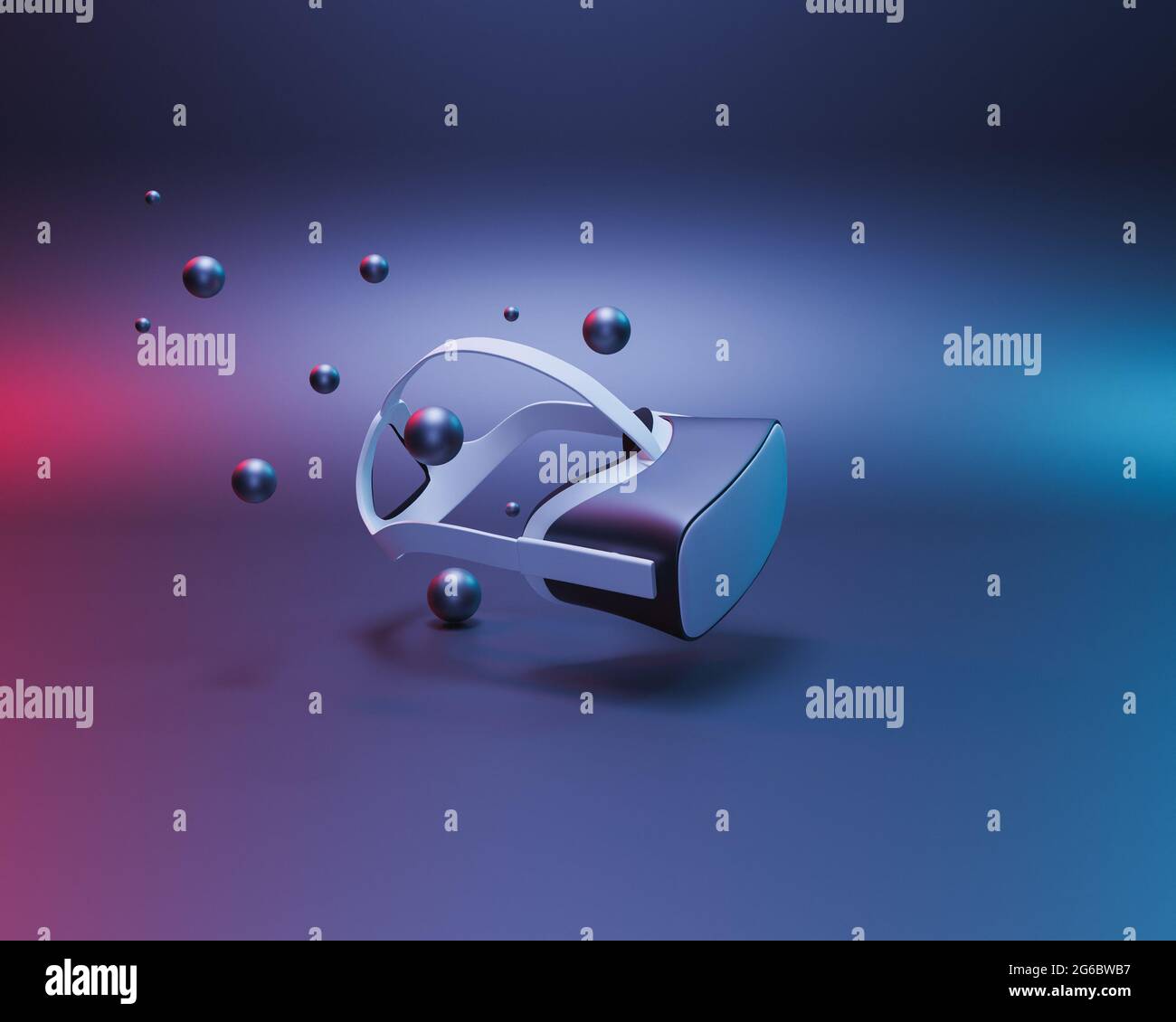 virtual reality goggles with spheres floating around and dark ...