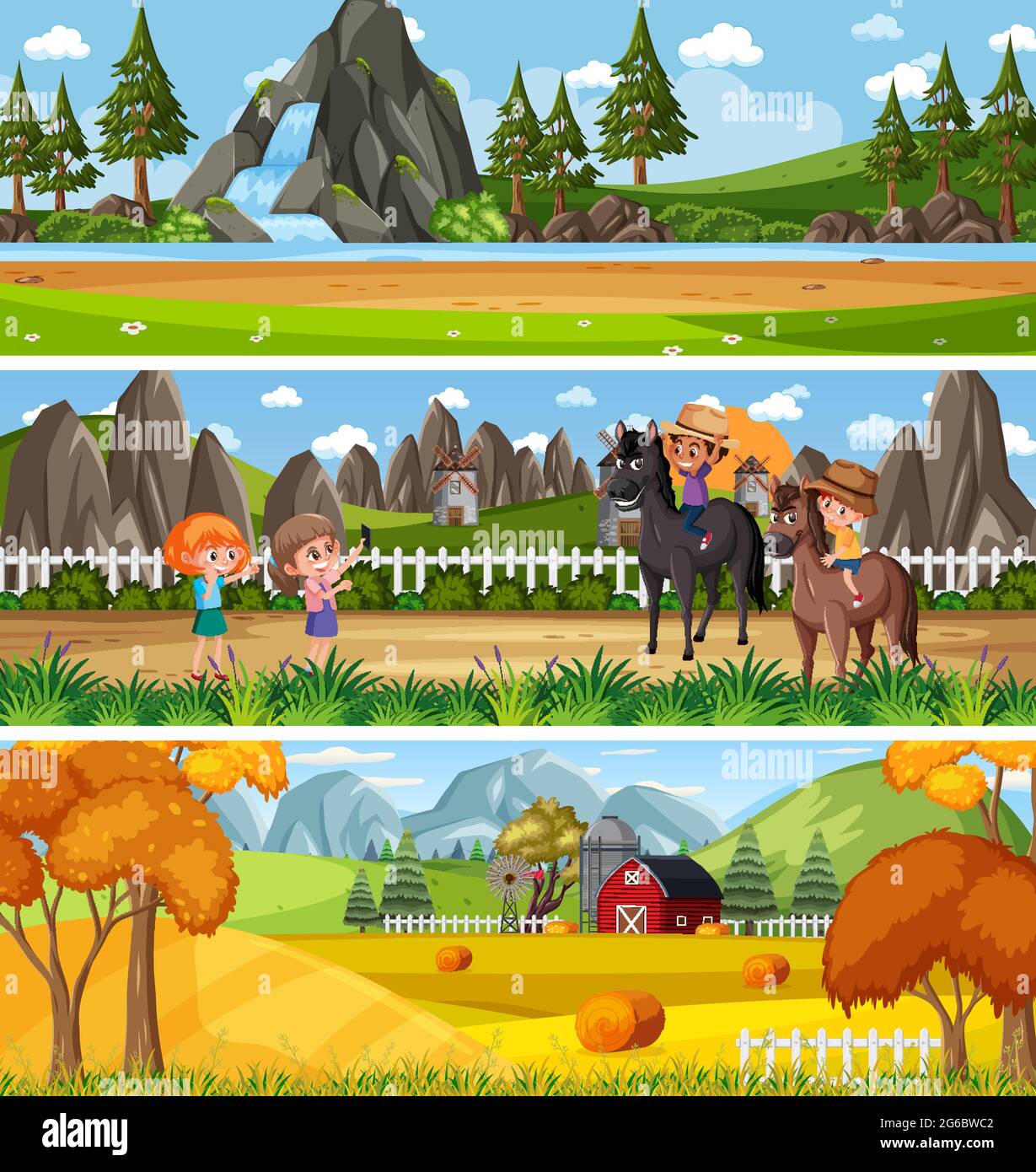 Different nature landscape at daytime scene with cartoon character ...