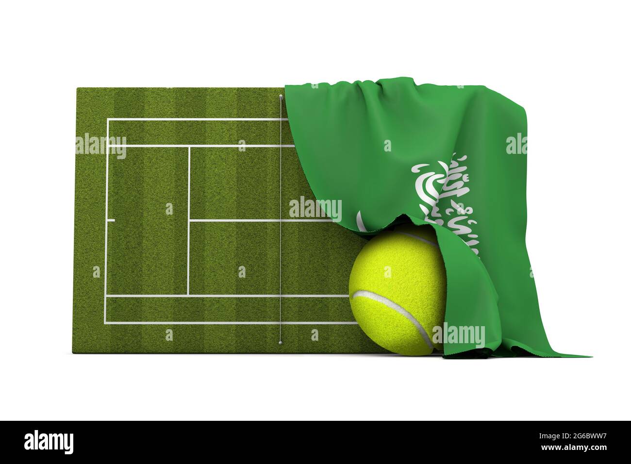 Saudi Arabia flag draped over a grass tennis court and ball. 3D ...