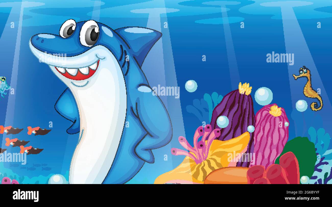 Underwater scene with shark cartoon character and tropical coral reef ...