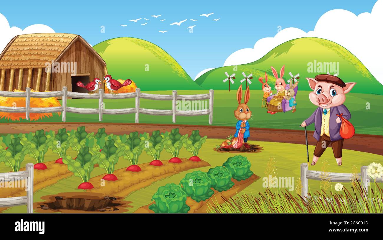 Farm at daytime scene with rabbit family and a pig illustration Stock ...