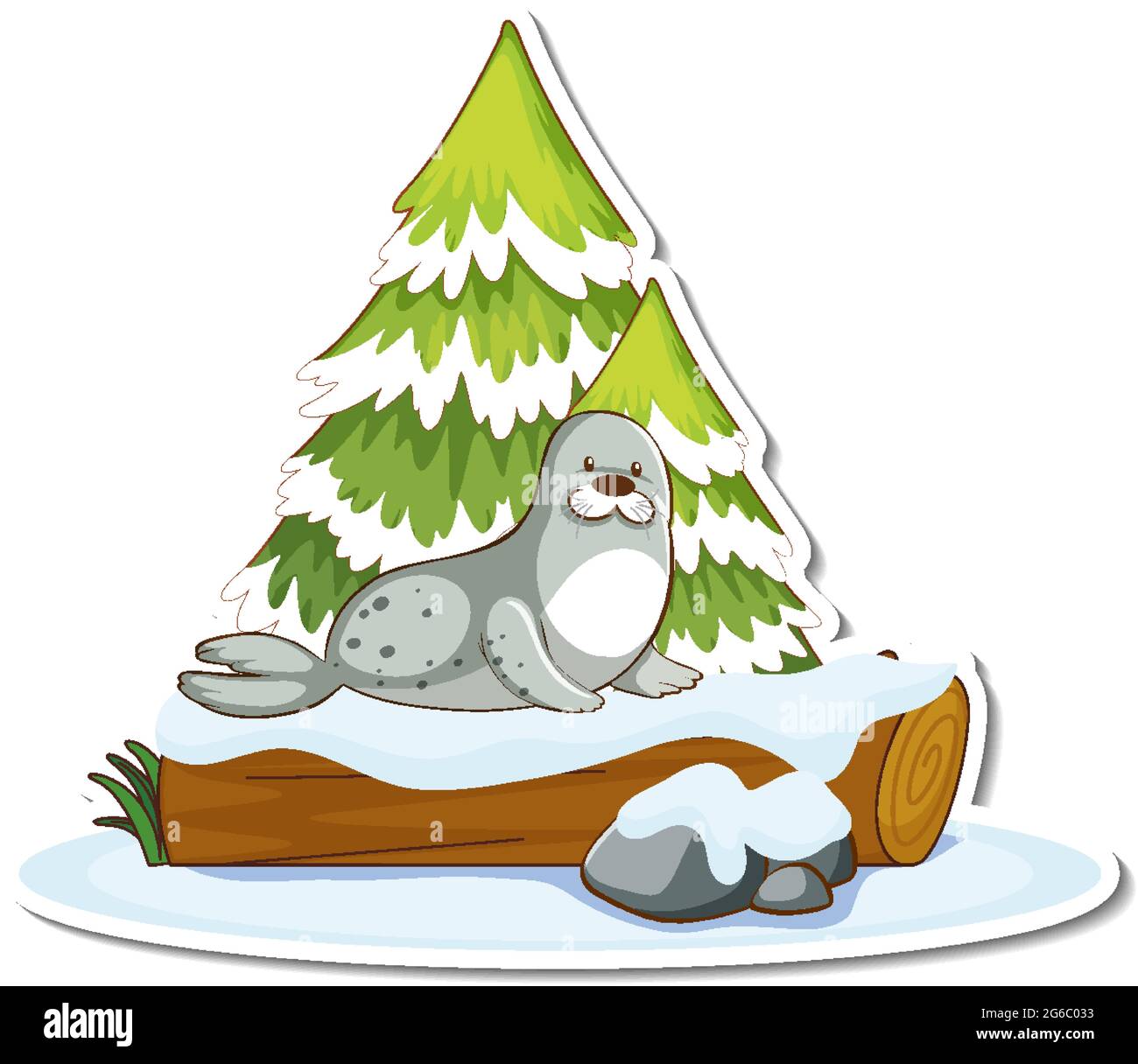Sticker a cute seal stand by pine tree covered with snow illustration ...