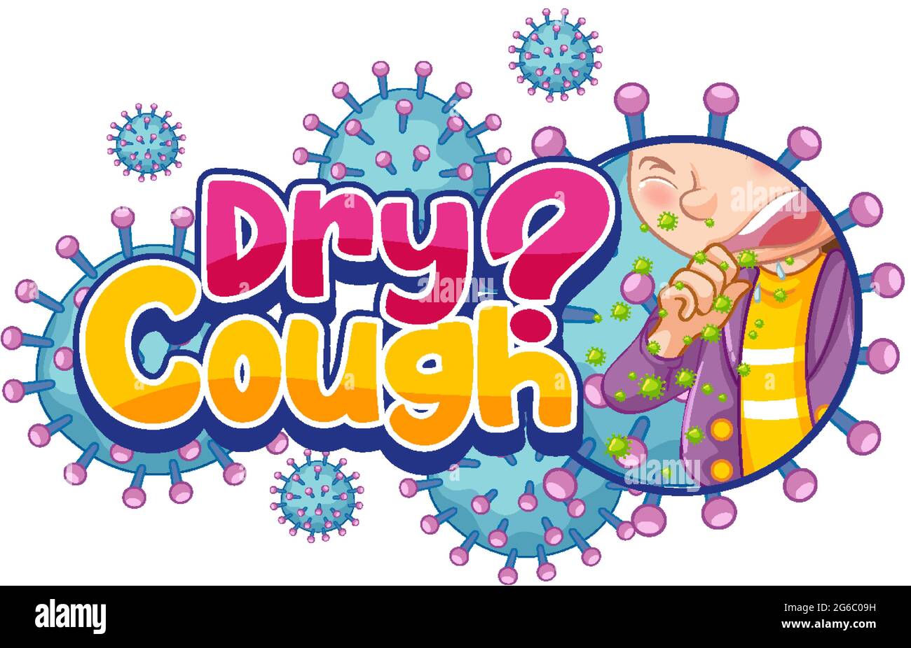 Dry Cough font design with coronavirus icons isolated on white ...