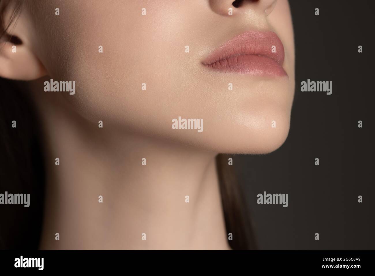 Cropped image of beautiful female neck and chin isolated on gray studio ...