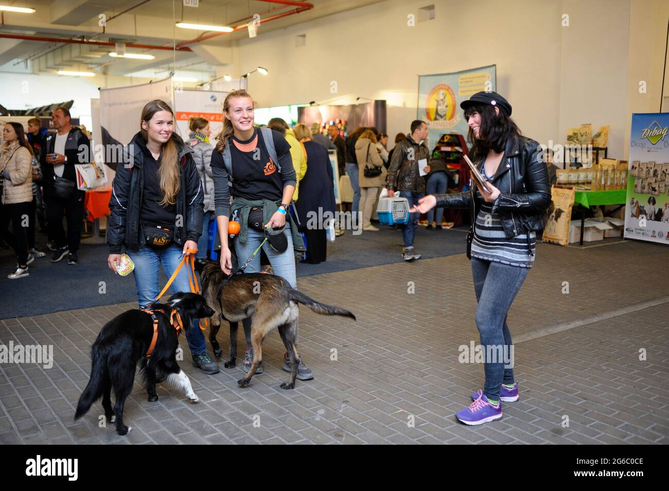Three young smiling girls with dogs standing in the exhibition hall and ...