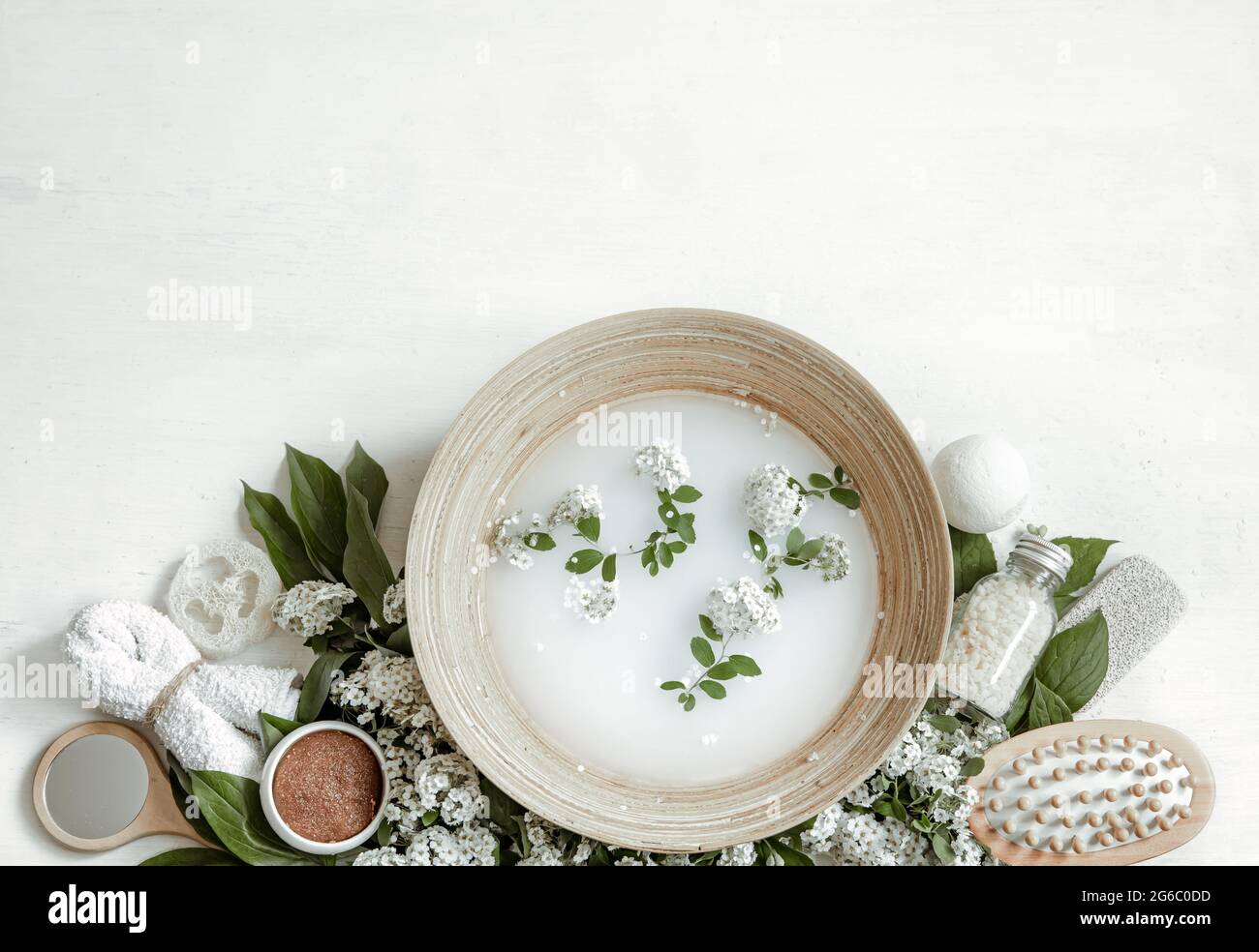 Spa composition with soapy water and beauty and body care products ...