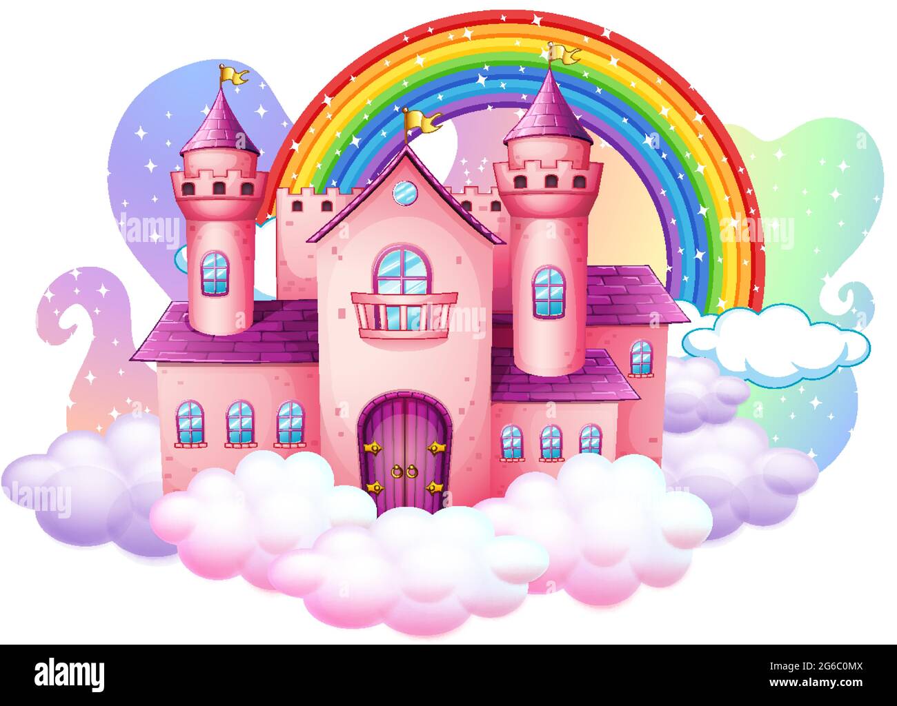 Castle with rainbow on the cloud isolated on white background ...